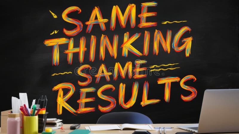 Chalkboard with Colorful Text "SAME THINKING, SAME RESULTS" on Office ...