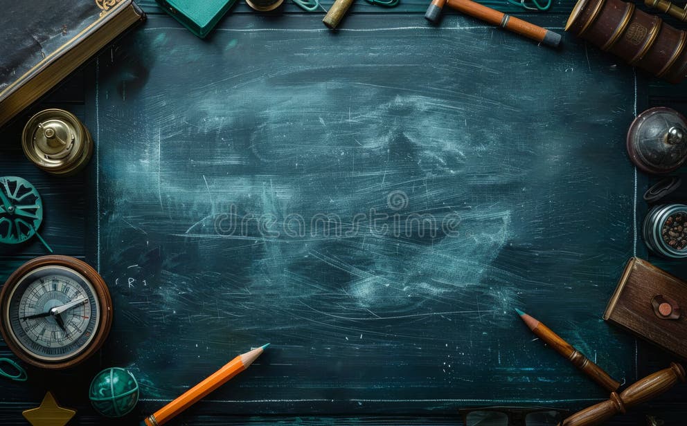 A Chalkboard with a Compass and Other Items on it. Scene is that of a ...