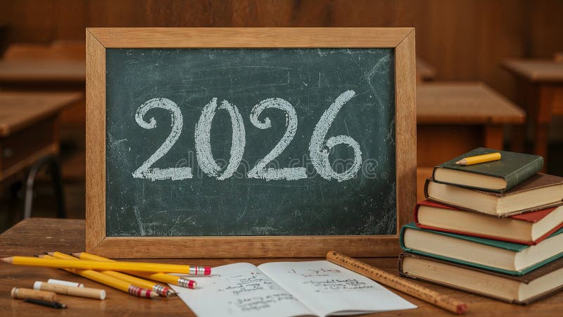 2026 Chalkboard with Desk Items – Educational New Year Concept in ...