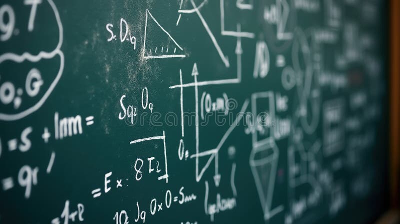 Chalkboard Displaying Complex Mathematical Equations and Scientific ...