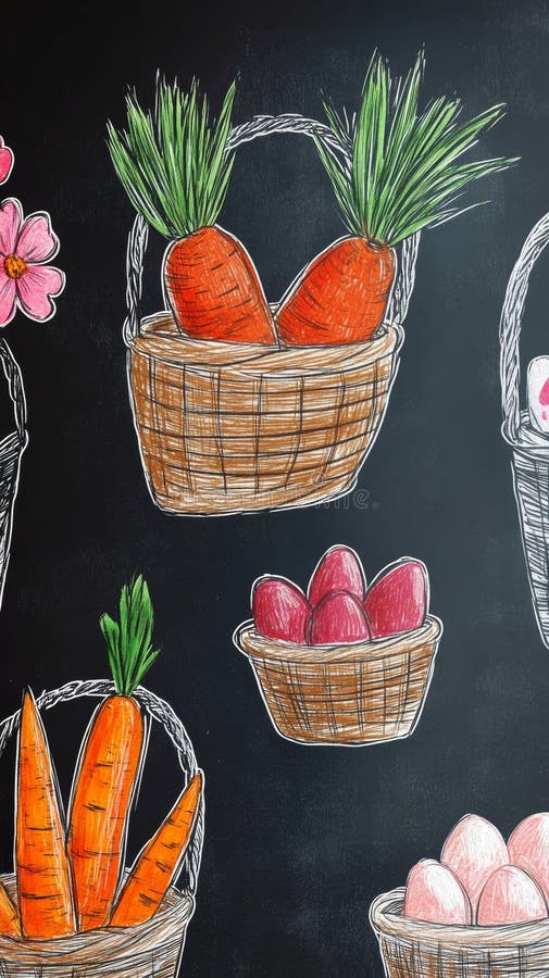 Chalkboard Doodle Background Featuring Hand-drawn Easter Baskets with ...
