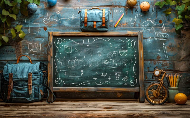 A Chalkboard with a Drawing of a Backpack and a Suitcase on it Stock ...