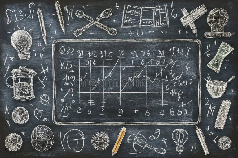 Chalkboard Drawing of Math Graph and Various Objects,, Realistic ...