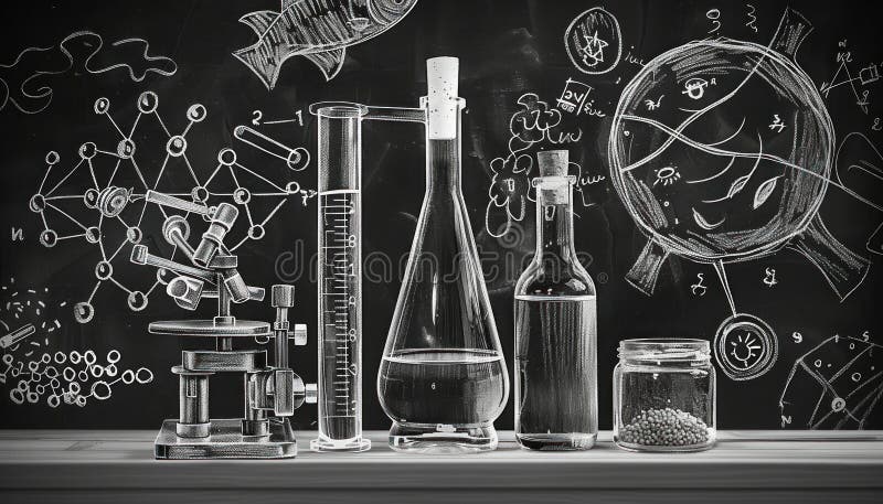 Chalkboard Drawing of Science Discovery with Microscope, Beaker, Flask ...