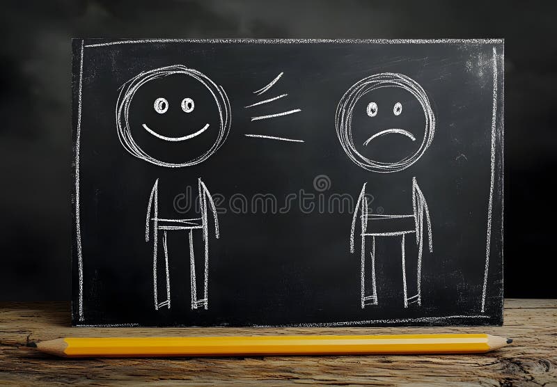 Chalkboard Drawing of Smiling Sad Stick Figures with Yellow Pencil ...