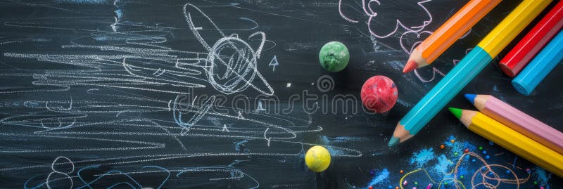 A Chalkboard with a Drawing of the Solar System and a Bunch of Colored ...
