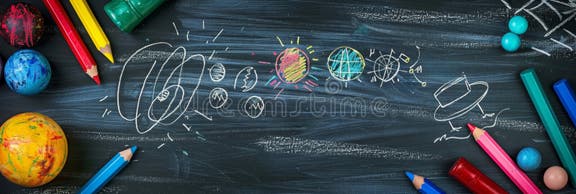 A Chalkboard with a Drawing of the Solar System and a Bunch of Colored ...