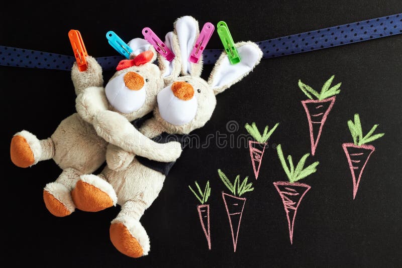 Chalkboard with Drawing and Toy Rabbits Stock Photo - Image of string ...
