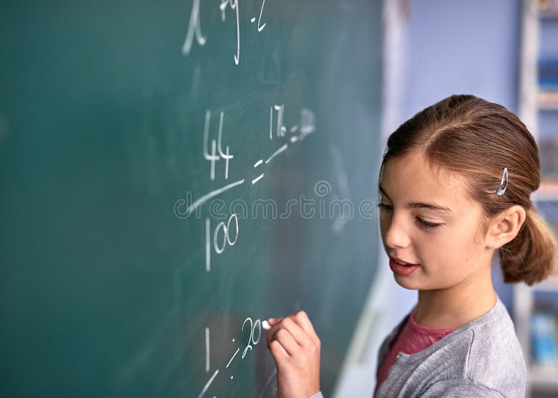 Chalkboard, Education and Girl in Maths Class at School for Child ...