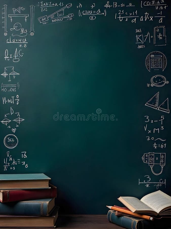 Chalkboard with Equations and Diagrams Frames a Blank Space, Stacked ...