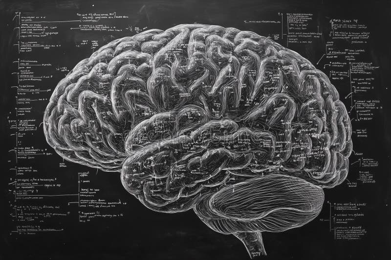 A Chalkboard Features a Large Chalk Drawing of a Brain, Surrounded by ...