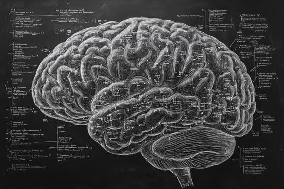 A Chalkboard Features a Large Chalk Drawing of a Brain, Surrounded by ...