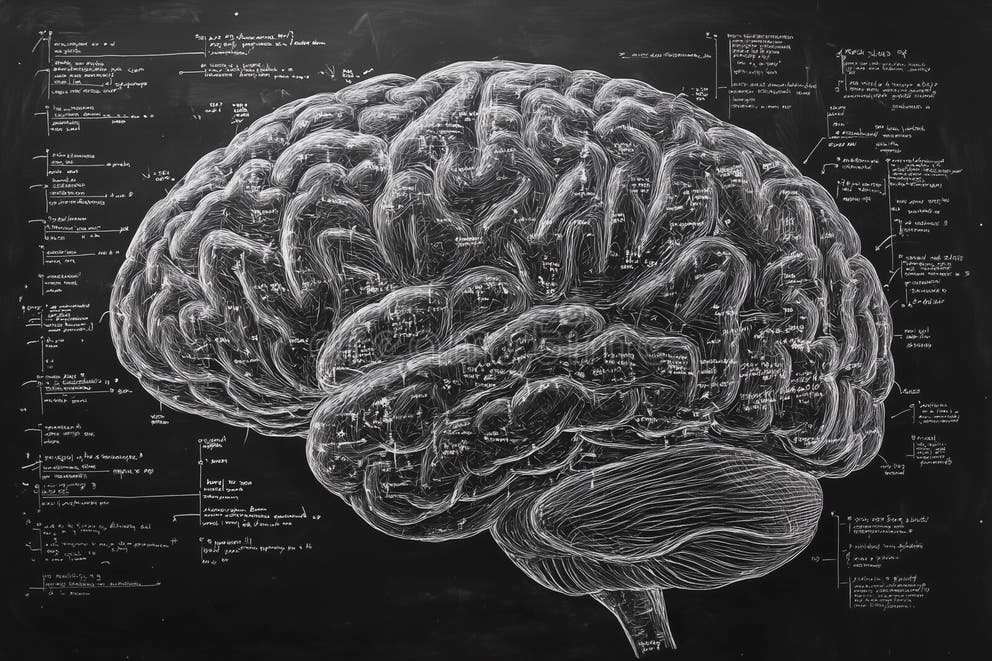 A Chalkboard Features a Large Chalk Drawing of a Brain, Surrounded by ...