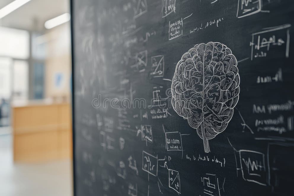 A Chalkboard Features a Sketched Brain Surrounded by Mathematical ...