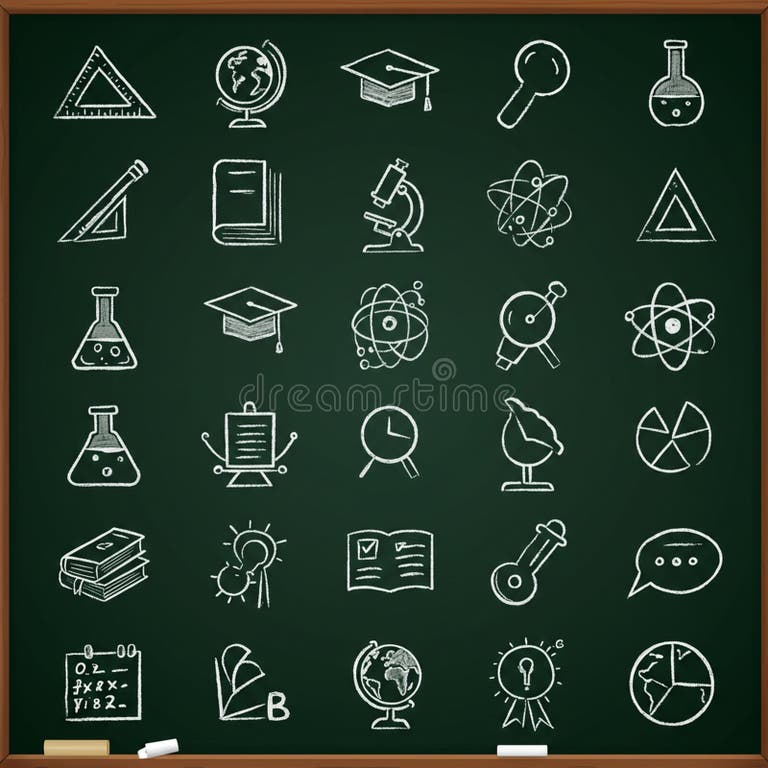 A Chalkboard Features Various Academic Icons Drawn in White Chalk ...