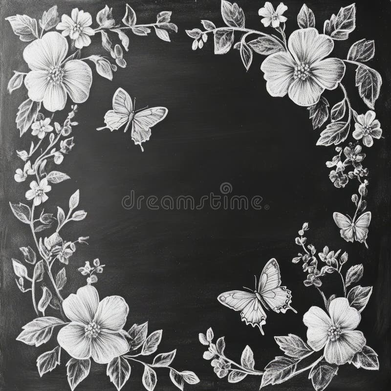 Chalkboard with Floral Border and Butterflies, Space for Text Stock ...