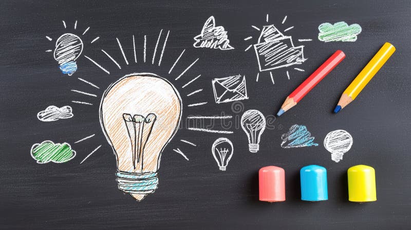 Chalkboard with Lightbulb and Crayons Stock Illustration - Illustration ...