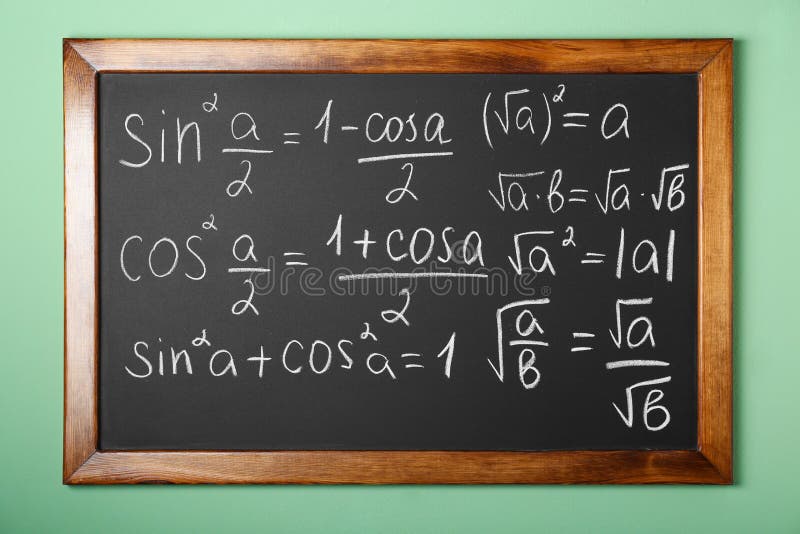 Chalkboard with Many Different Math Formulas on Green Wall Stock Photo ...