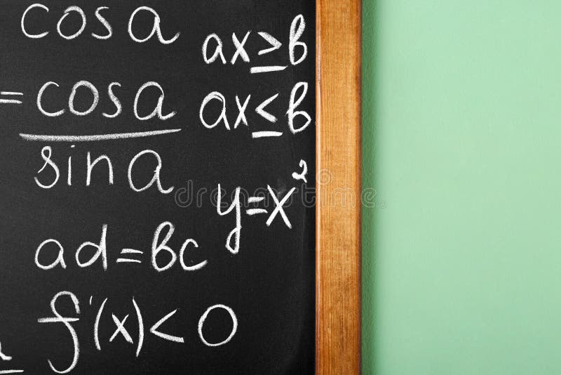Chalkboard with Many Different Math Formulas on Green Wall, Closeup ...