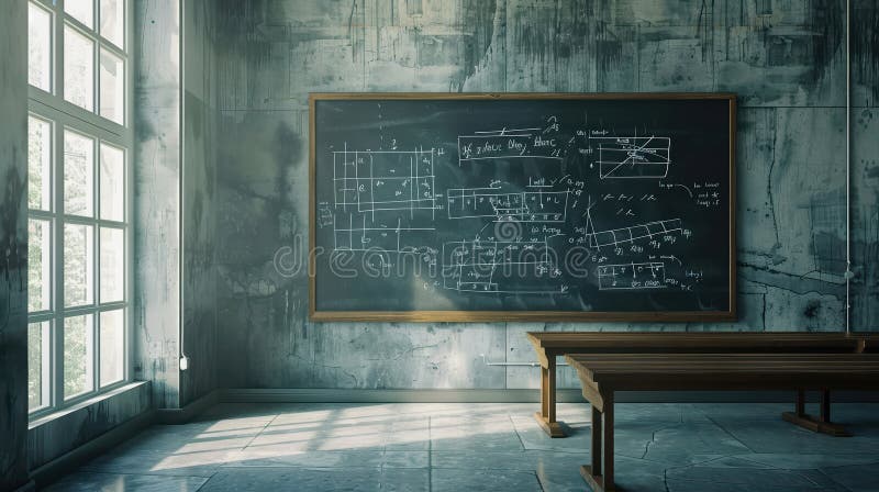 Chalkboard with Math Equations and Diagrams in an Empty Classroom Stock ...