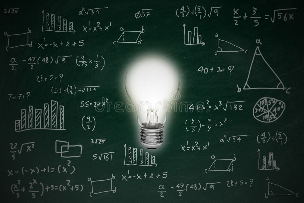 Chalkboard with Math Formula and Idea Concept Bright Glowing Light Bulb ...