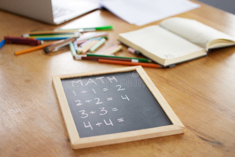 Chalkboard, Math or Notebook in Homeschool Study at House in Covid ...