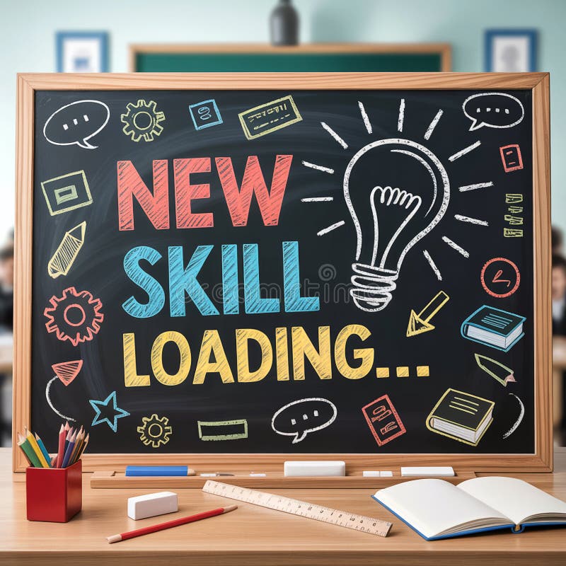 A Chalkboard with New Skill Loading Text and Drawings on a Desk Setup ...