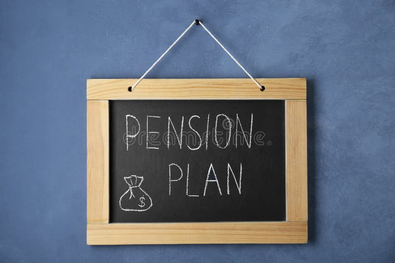 Chalkboard with Phrase Pension Plan Hanging on Blue Wall Stock Photo ...