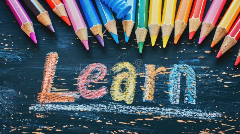 A Chalkboard with a Rainbow of Colored Pencils Stock Photo - Image of ...