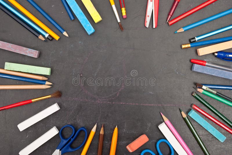 Chalkboard with School Tools Stock Photo - Image of pencil, written ...