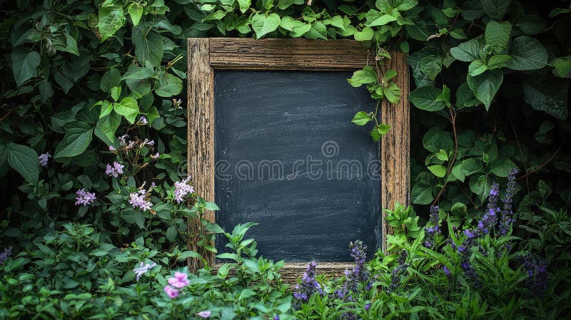 Chalkboard Sign Against Ivy Wall with Jasmine and Lavender Stock ...