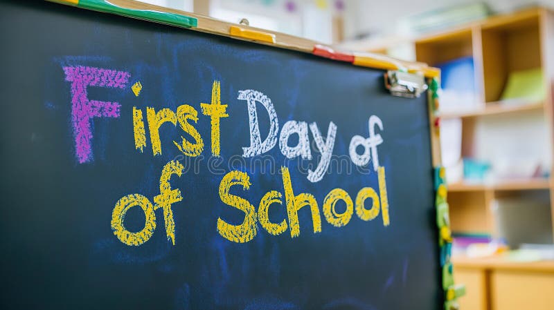 Chalkboard Sign Reading "First Day of School" in Colorful Chalk Stock ...