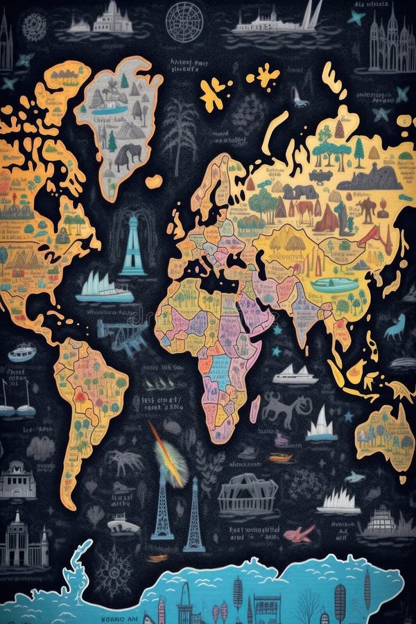 Chalkboard Sketch of World Map with Doodles Stock Illustration ...