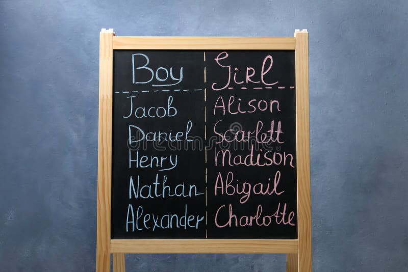 Chalkboard Stand with Baby Names on Blue Background Stock Image - Image ...