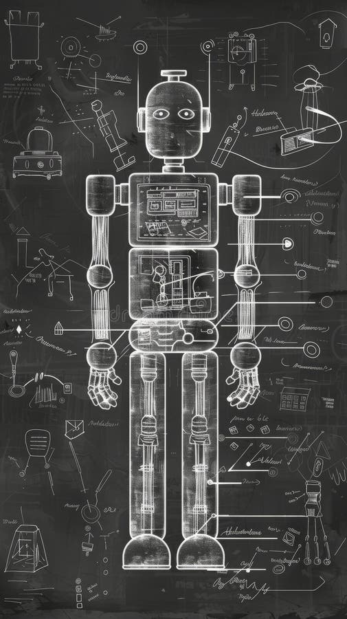 Chalkboard-style Blueprint of a Robot with Various Mechanical and ...