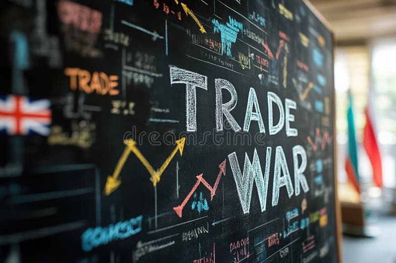 Chalkboard with Trade War Illustrations and Graphs Representing ...