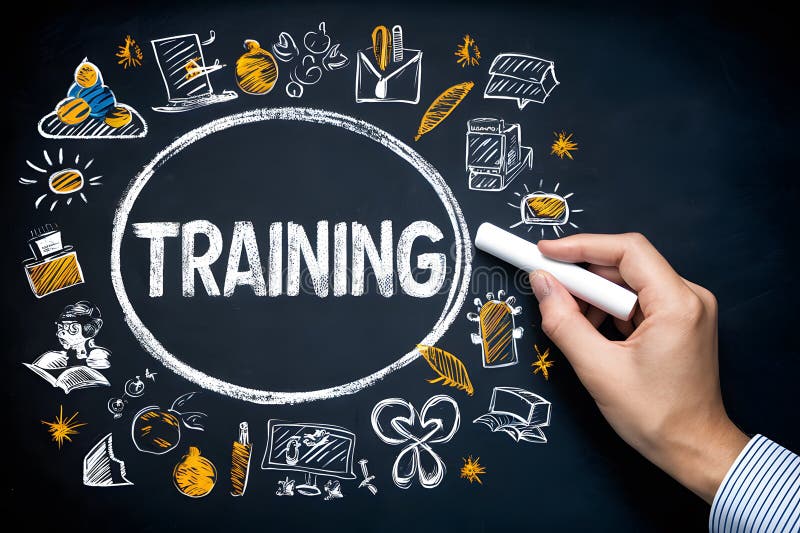 Chalkboard with TRAINING Encircled by Doodles, Hand Holding Chalk ...
