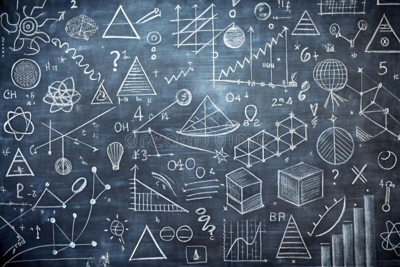Chalkboard with Various Math, Science, and Geometry Drawings Stock ...