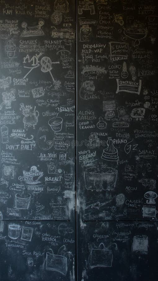 Chalkboard Wall with Handwritten Notes and Doodles in White Chalk Stock ...