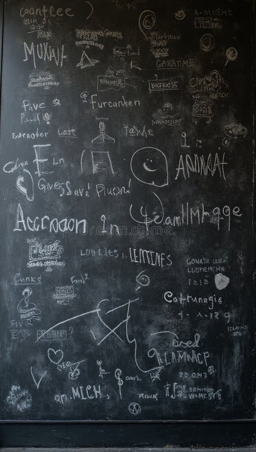 Chalkboard Wall with Handwritten Notes and Doodles in White Chalk Stock ...