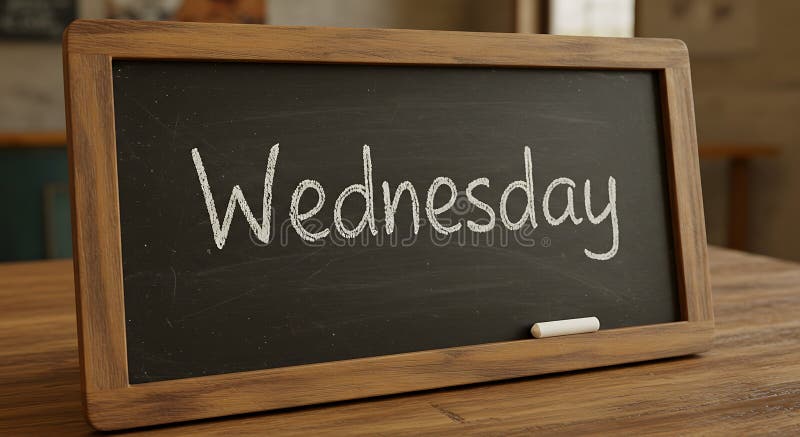 A Chalkboard with Wednesday Written in White Chalk on a Wooden Table ...