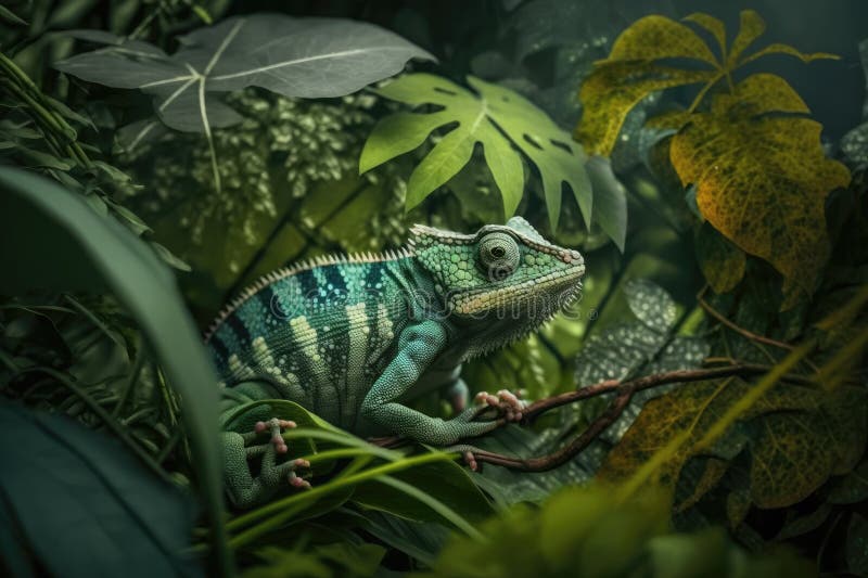 A Chameleon Amidst Lush, Verdant Vegetation Stock Illustration ...