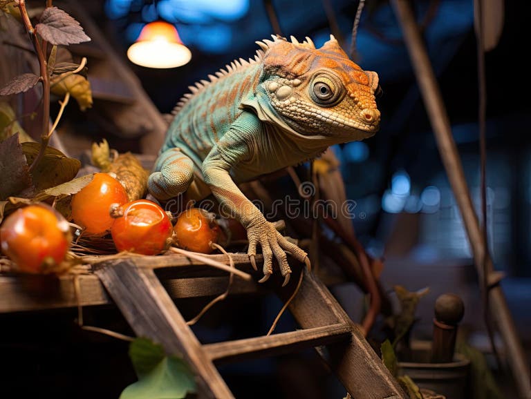 Chameleon Changes Light Bulb on Tiny Ladder Stock Illustration ...