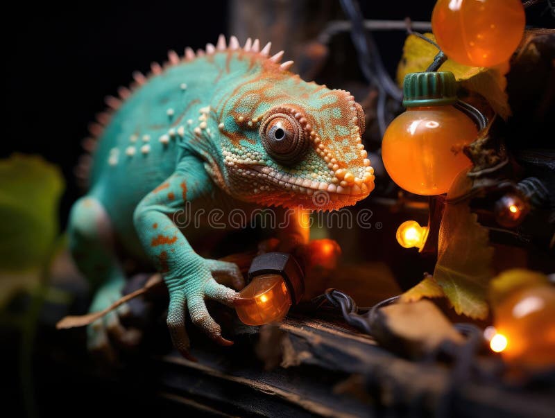 Chameleon Changes Light Bulb on Tiny Ladder Stock Illustration ...