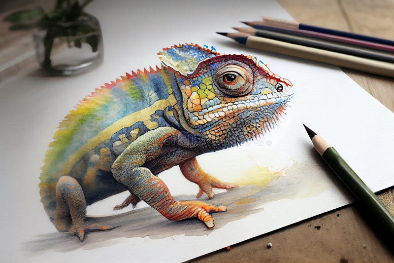 Chameleon Drawing with Bit of Watercolour Stock Illustration ...