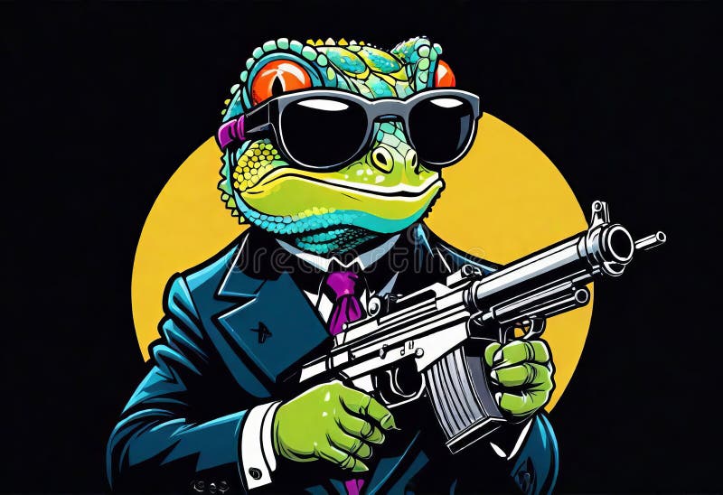 Chameleon in a Hat and with a Weapon. Lizard Mafia Stock Image - Image ...