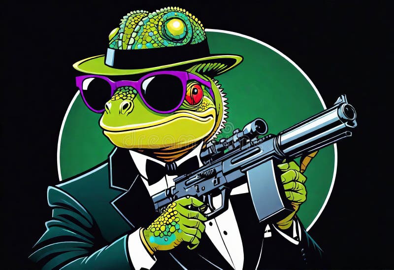 Chameleon in a Hat and with a Weapon. Lizard Mafia Stock Photo - Image ...