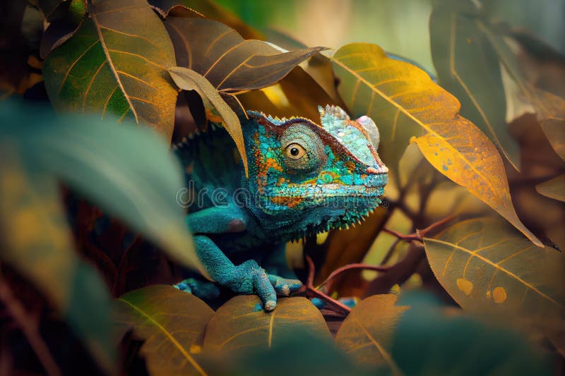 Chameleon Hiding among the Leaves and Branches in the Forest Stock ...