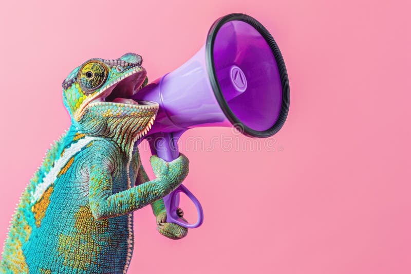 A Chameleon Lizard Holds a Purple Megaphone, Ready To Make Some Noise ...