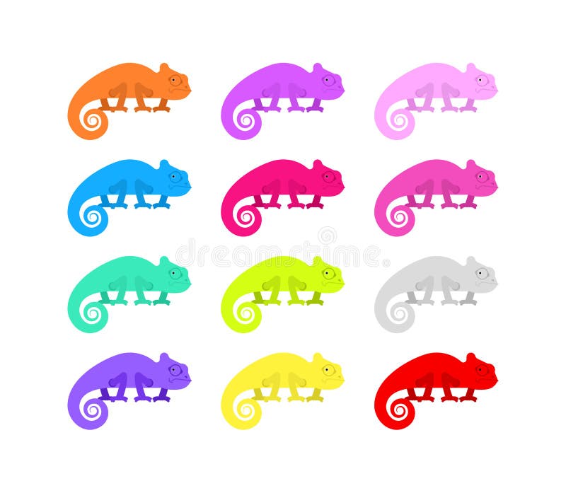 Chameleon Multicolored Set. Cartoon Reptile Icon Stock Vector ...